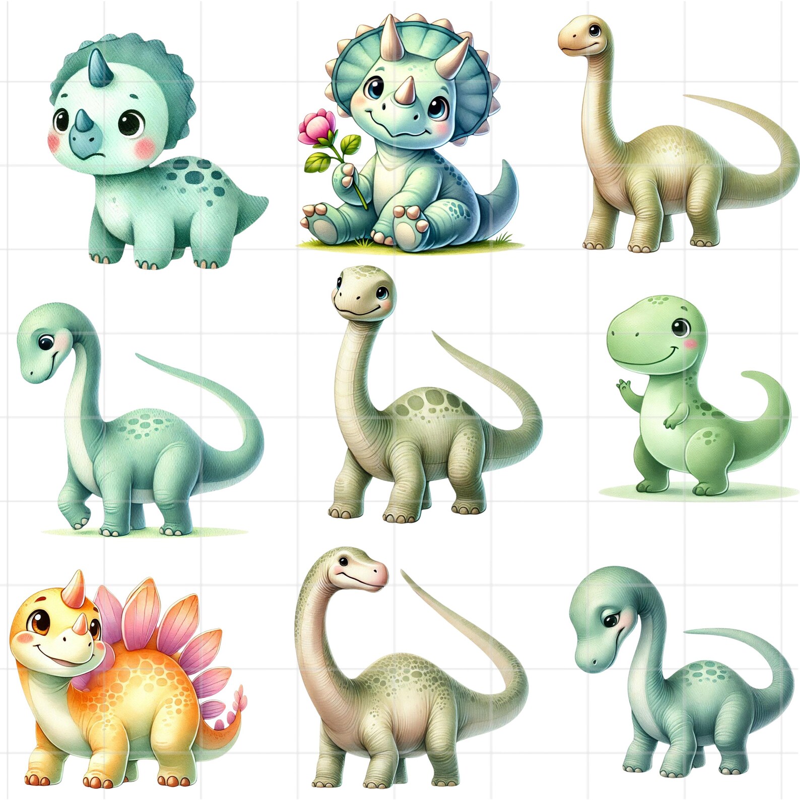 60 Watercolor Dinosaur Clipart, Cute Baby Dino PNG, Nursery Wall Art ...