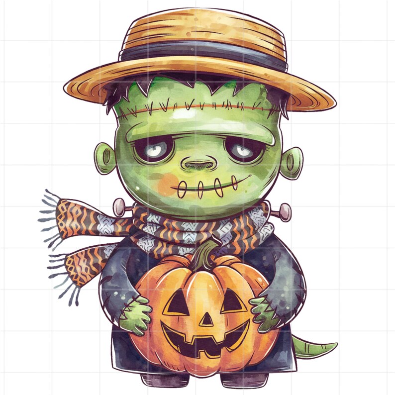 9 Watercolor Boho Frankenstein Halloween With Orange Pumpkin | PNG, SVG ...