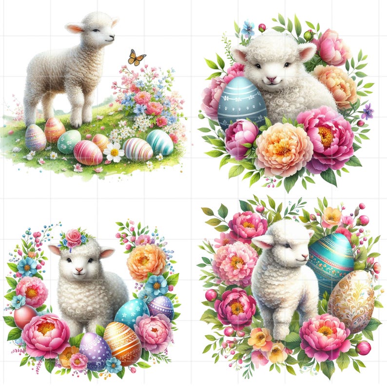 20 Watercolor Easter Lamb With Eggs & Flowers | Transparent Background ...