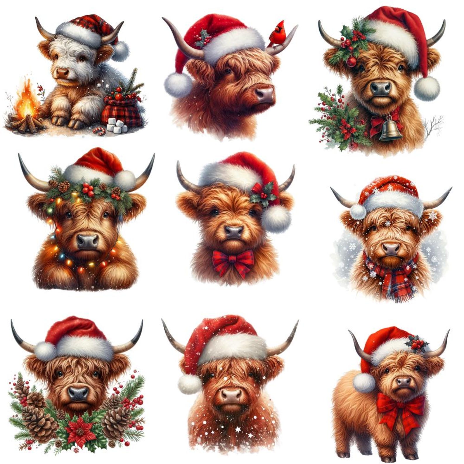 66 Watercolor Christmas Highland Cow Clipart, Transparent Background - Etsy