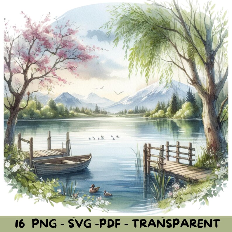 16 Watercolor Spring Lake Clipart | Nature Landscape | Transparent ...