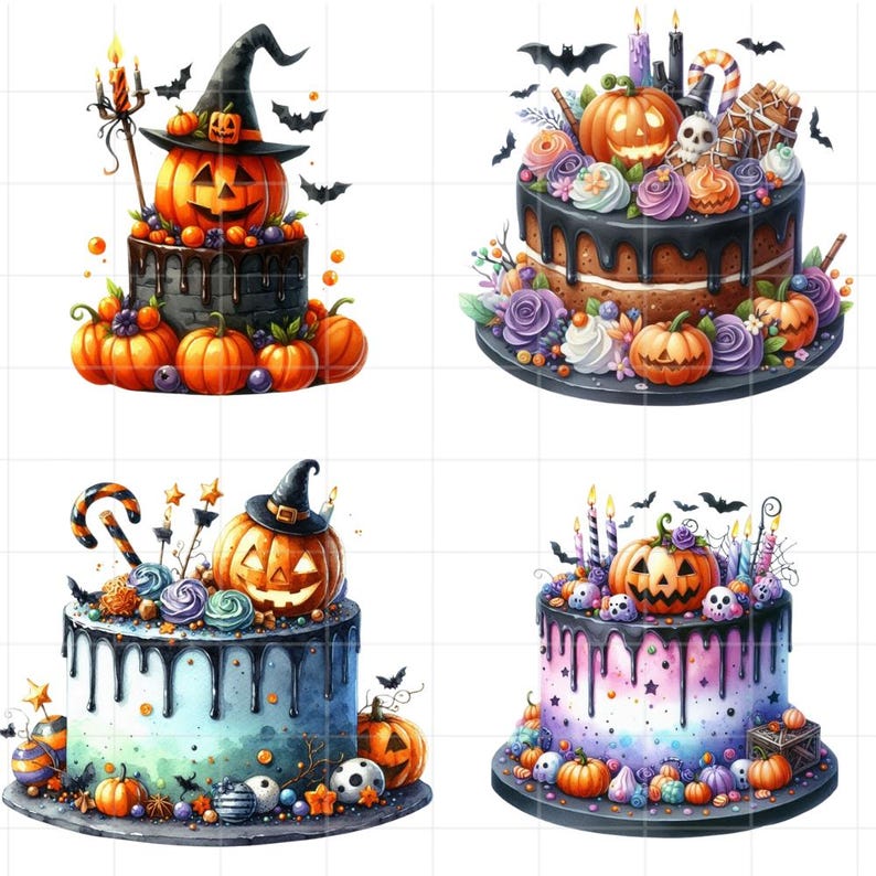 30 Watercolor Halloween Cake Clipart PNG SVG PDF | Spooky Cute Digital ...