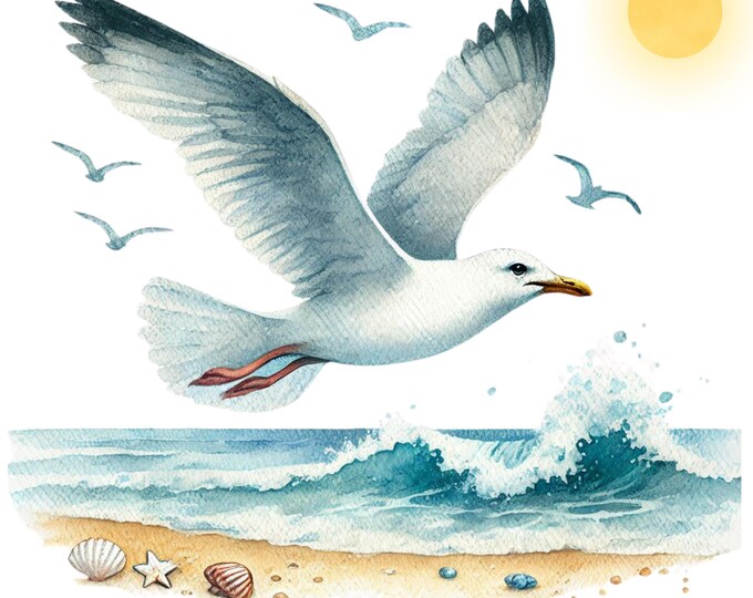 10 Printable Seagull Clipart, Seagull and Sea, Watercolor Seagull ...