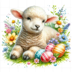 20 Watercolor Easter Lamb With Eggs & Flowers | Transparent Background ...