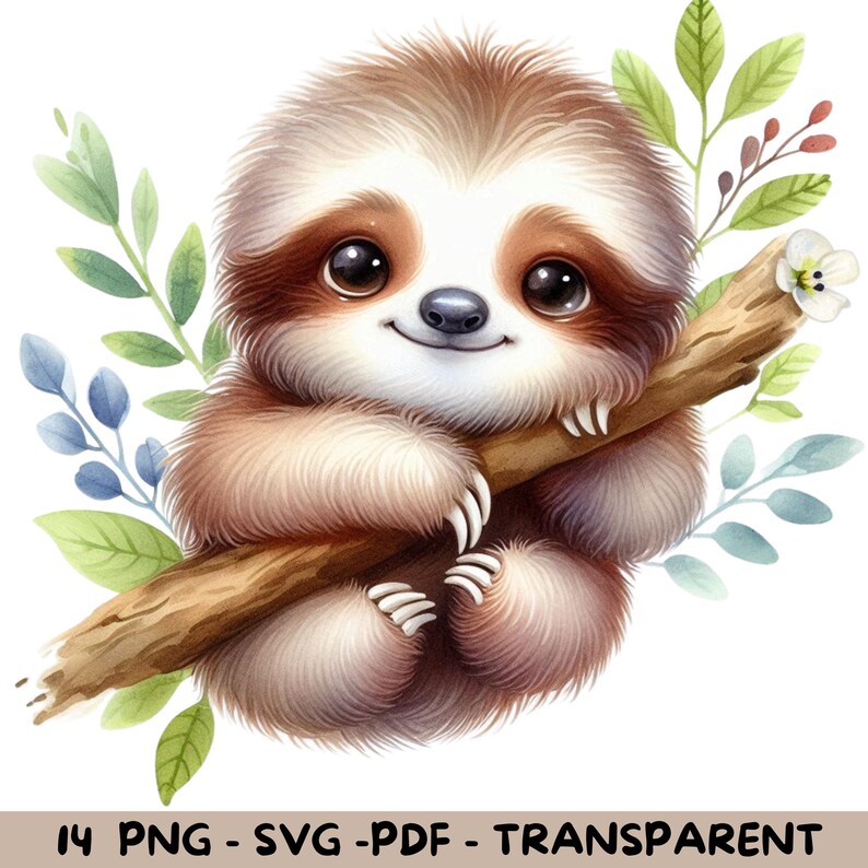 14 Watercolor Baby Sloth Clipart | Cute Sloth on Branch | Transparent ...
