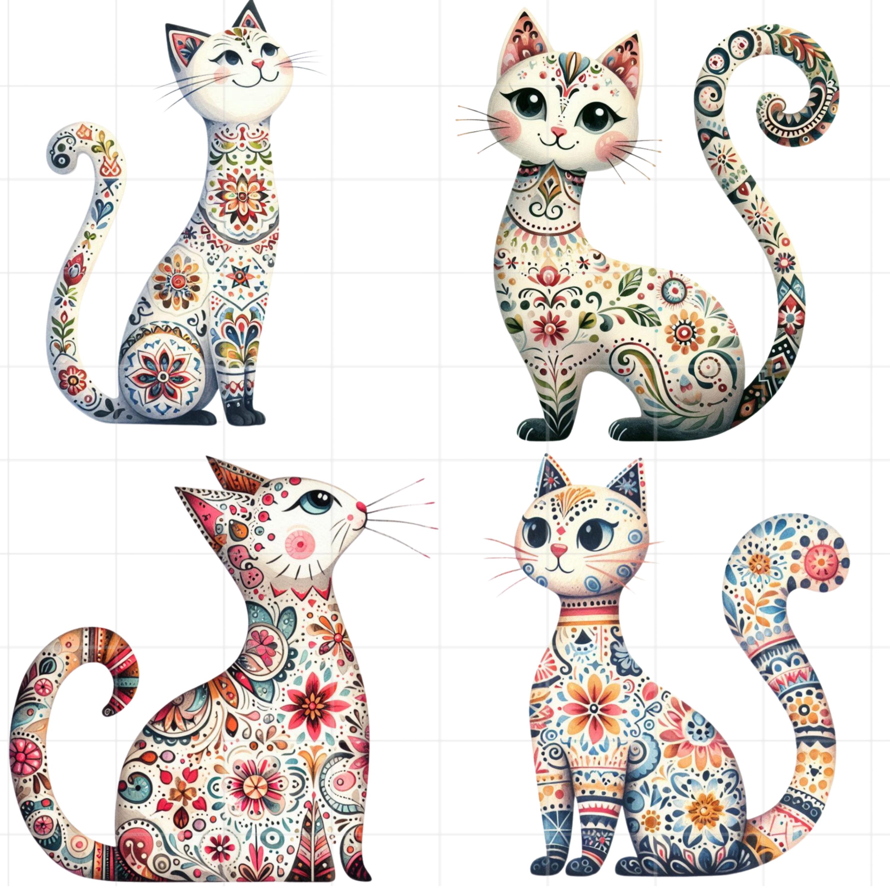 45 Watercolor Folk Cat Clipart, Cat Illustrations, Colorful Folk Art ...