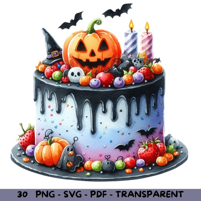 30 Watercolor Halloween Cake Clipart PNG SVG PDF | Spooky Cute Digital ...