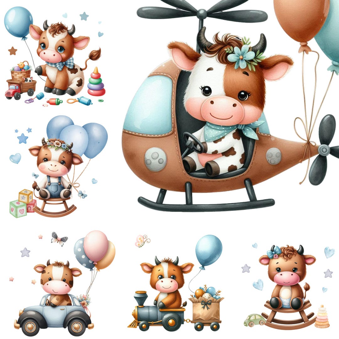 23 Watercolor Baby Boy Cow Clipart, Cute Cow Nursery Decor, Baby Shower ...