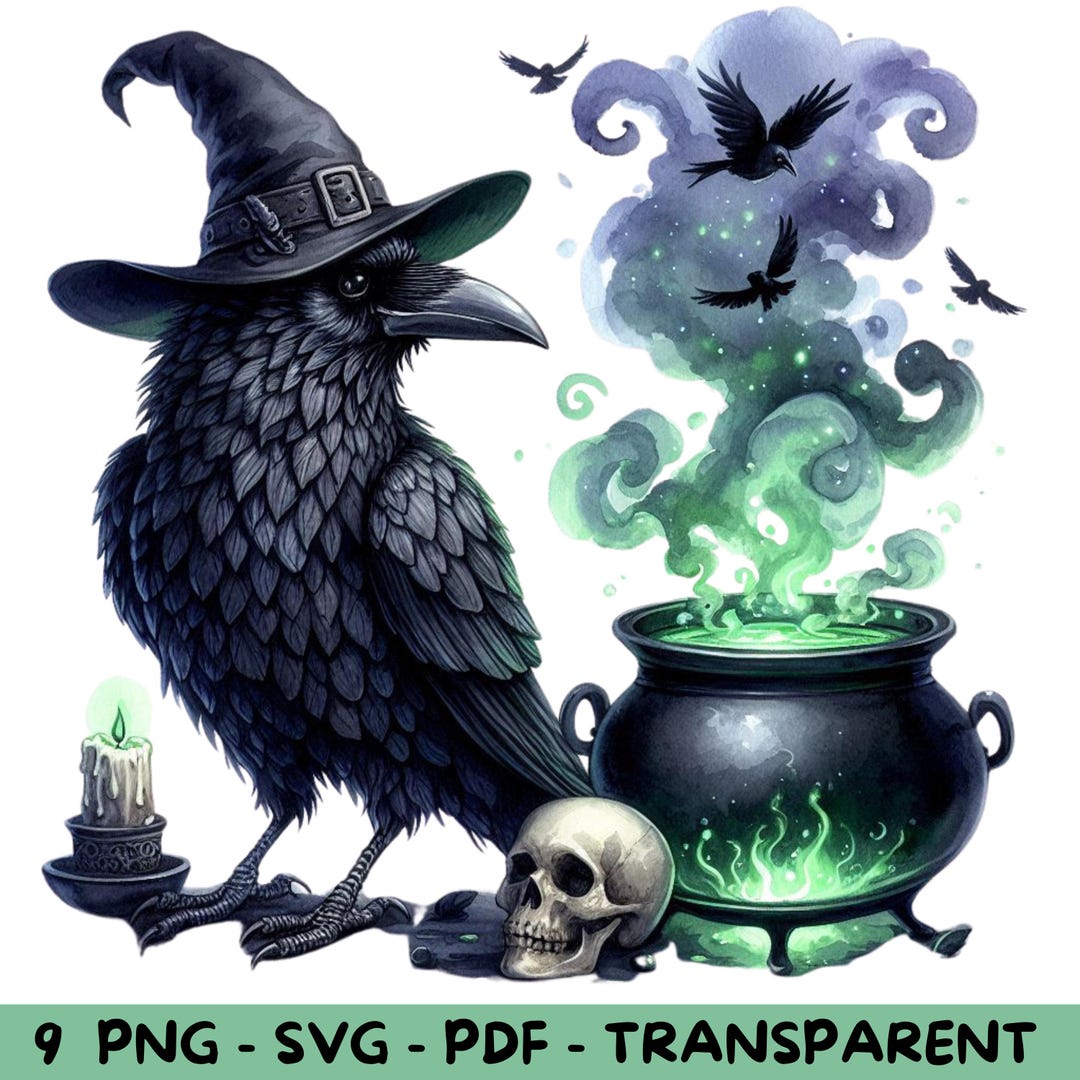 Watercolor Raven Clipart | 9 Black Ravens With Witches Hat ...
