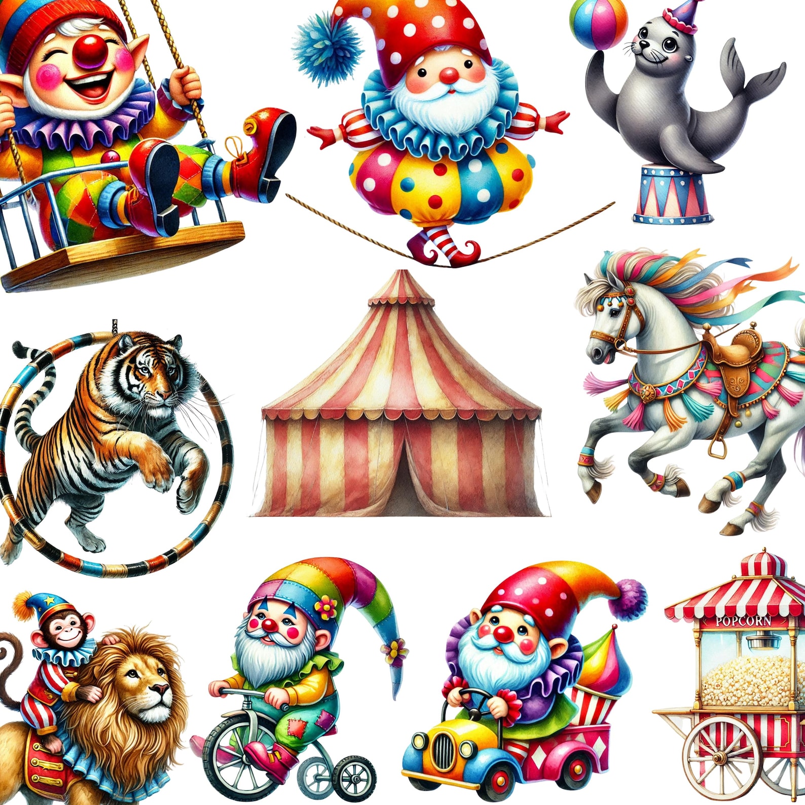 47 Watercolor Circus Clipart With Gnomes and Animals, Transparent ...
