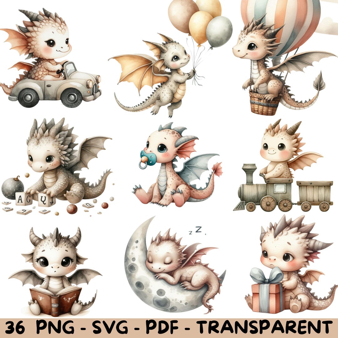 Watercolor Baby Dragon Clipart | 36 PNG SVG PDF | Neutral Fantasy ...