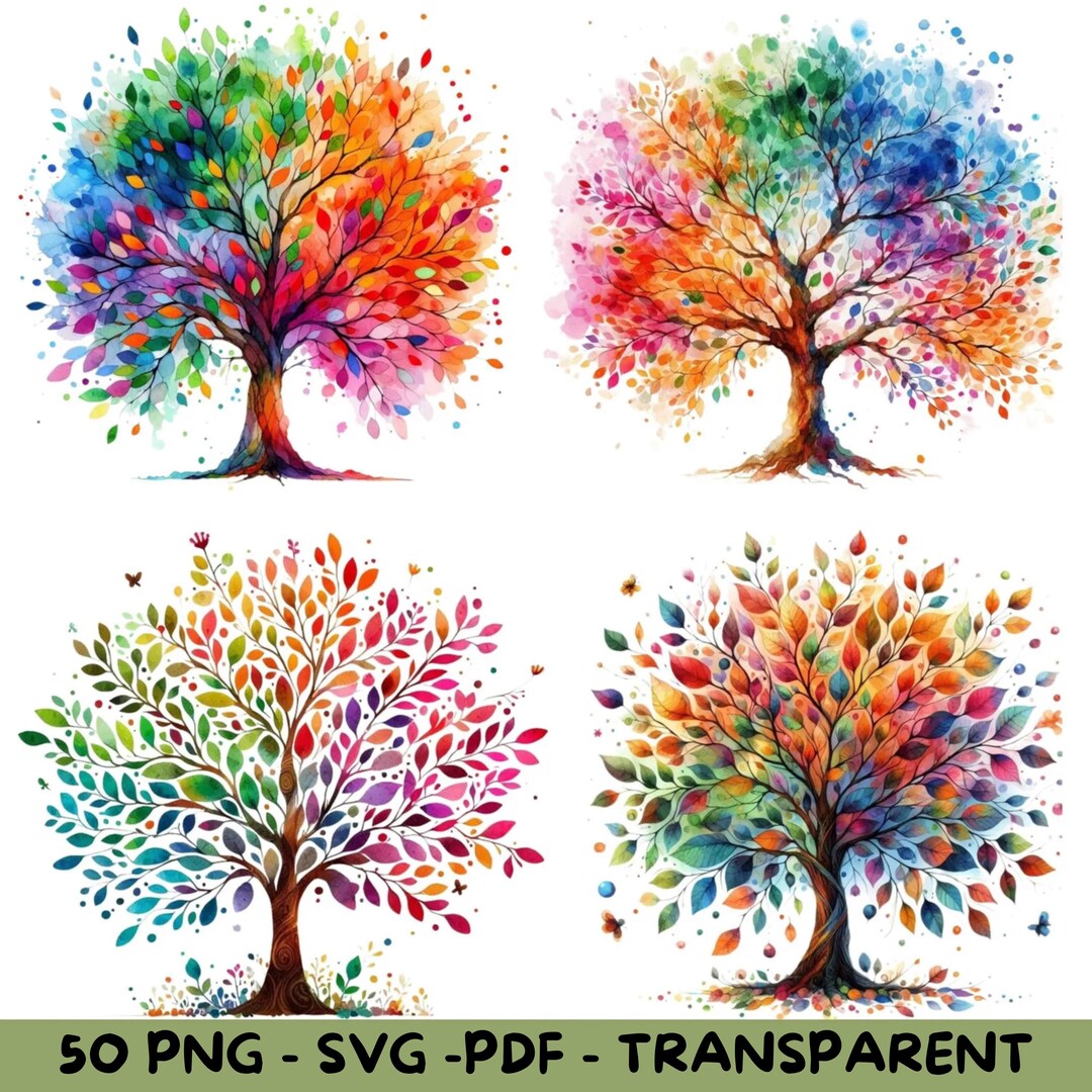 50 Watercolor Multicolor Tree, Tree PNG, SVG, PDF Clipart, Transparent ...