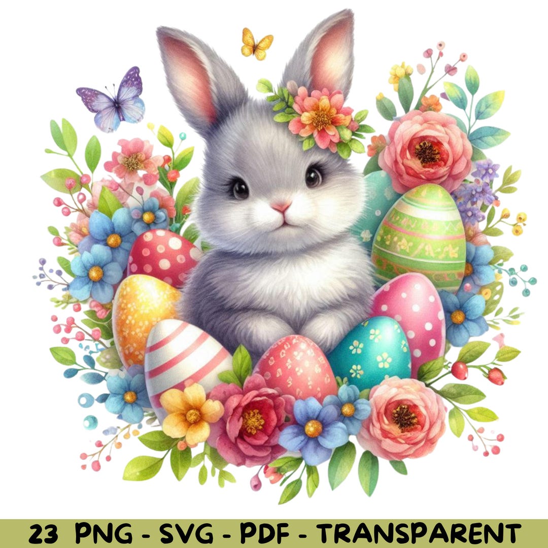23 Watercolor Bunnies With Easter Eggs | Digital Clipart | Transparent ...
