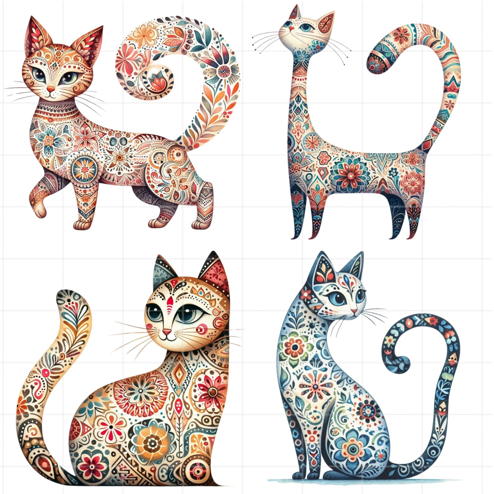 45 Watercolor Folk Cat Clipart, Cat Illustrations, Colorful Folk Art ...