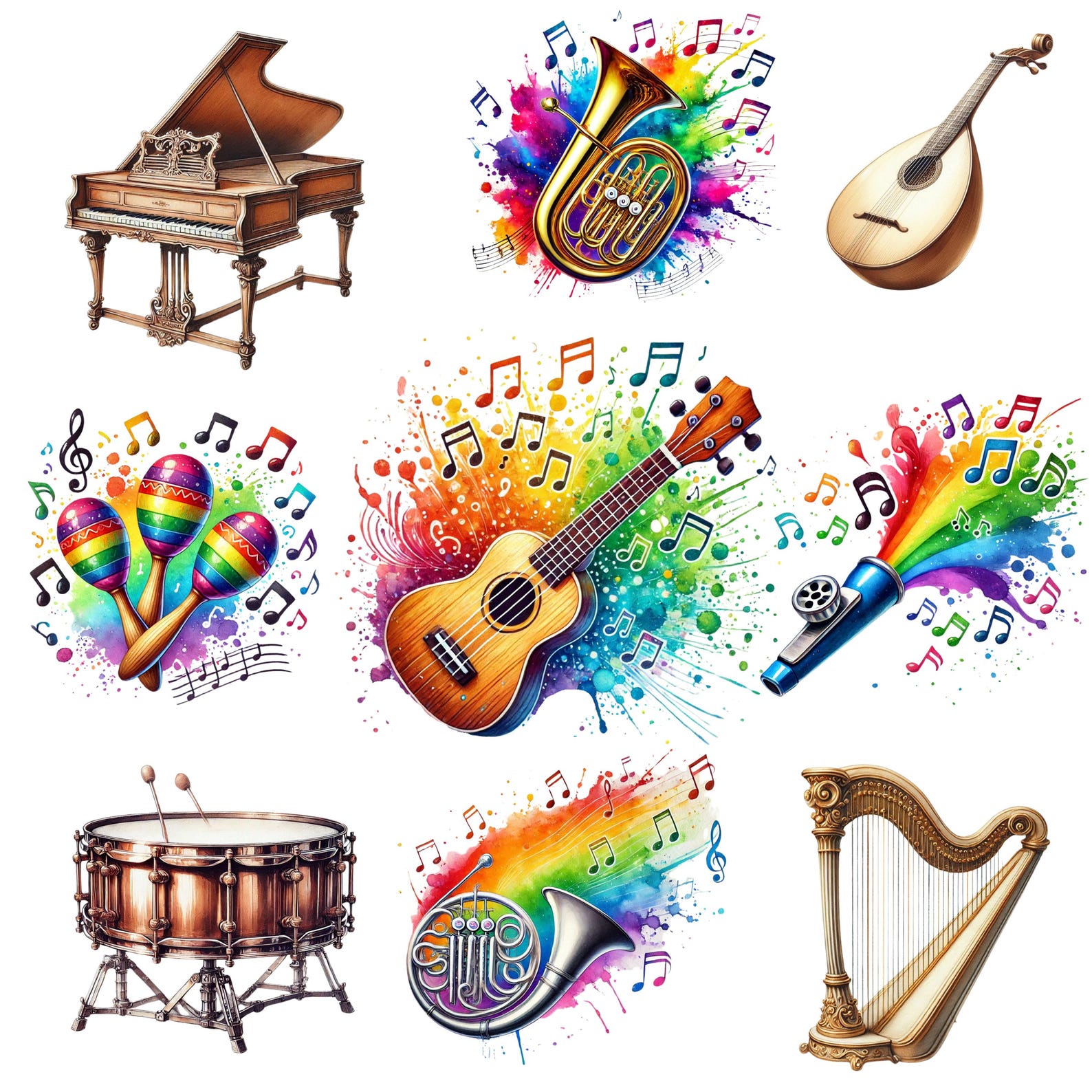 66 Watercolor Musical Instruments Clipart, Transparent Background, PNG ...