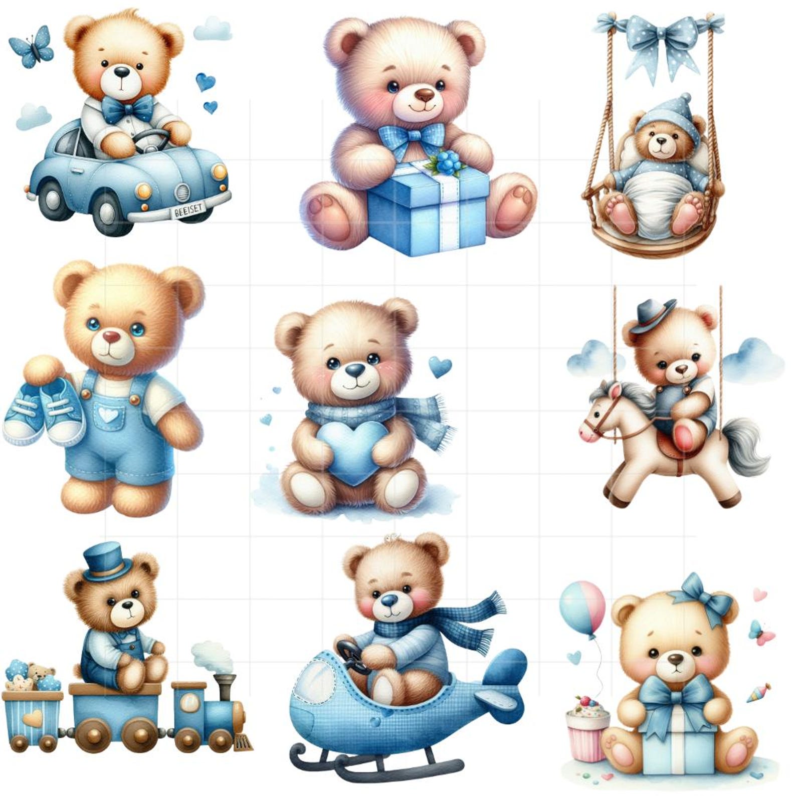 73 Watercolor Blue Teddy Bear Boy in Blue, Birthday Bear Clipart, Blue ...
