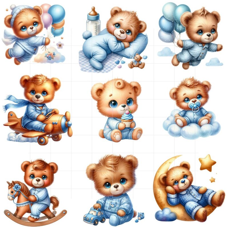 73 Watercolor Blue Teddy Bear Boy in Blue, Birthday Bear Clipart, Blue ...