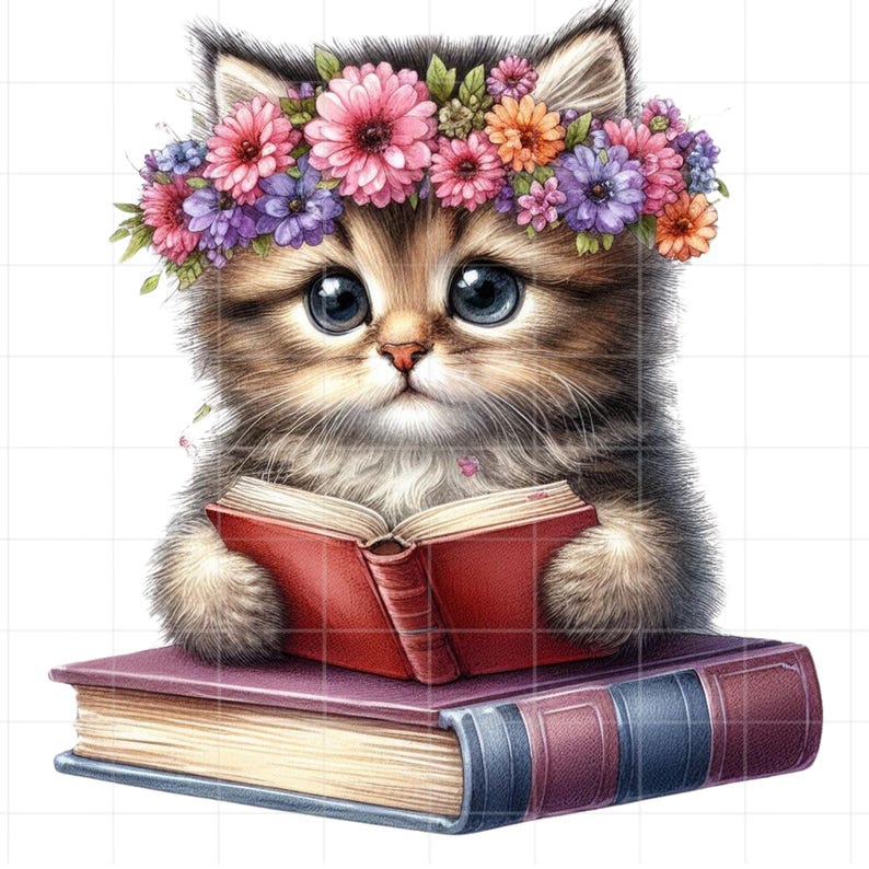 12 Watercolor Cat Sitting on Books Clipart, PNG Transparent Background ...