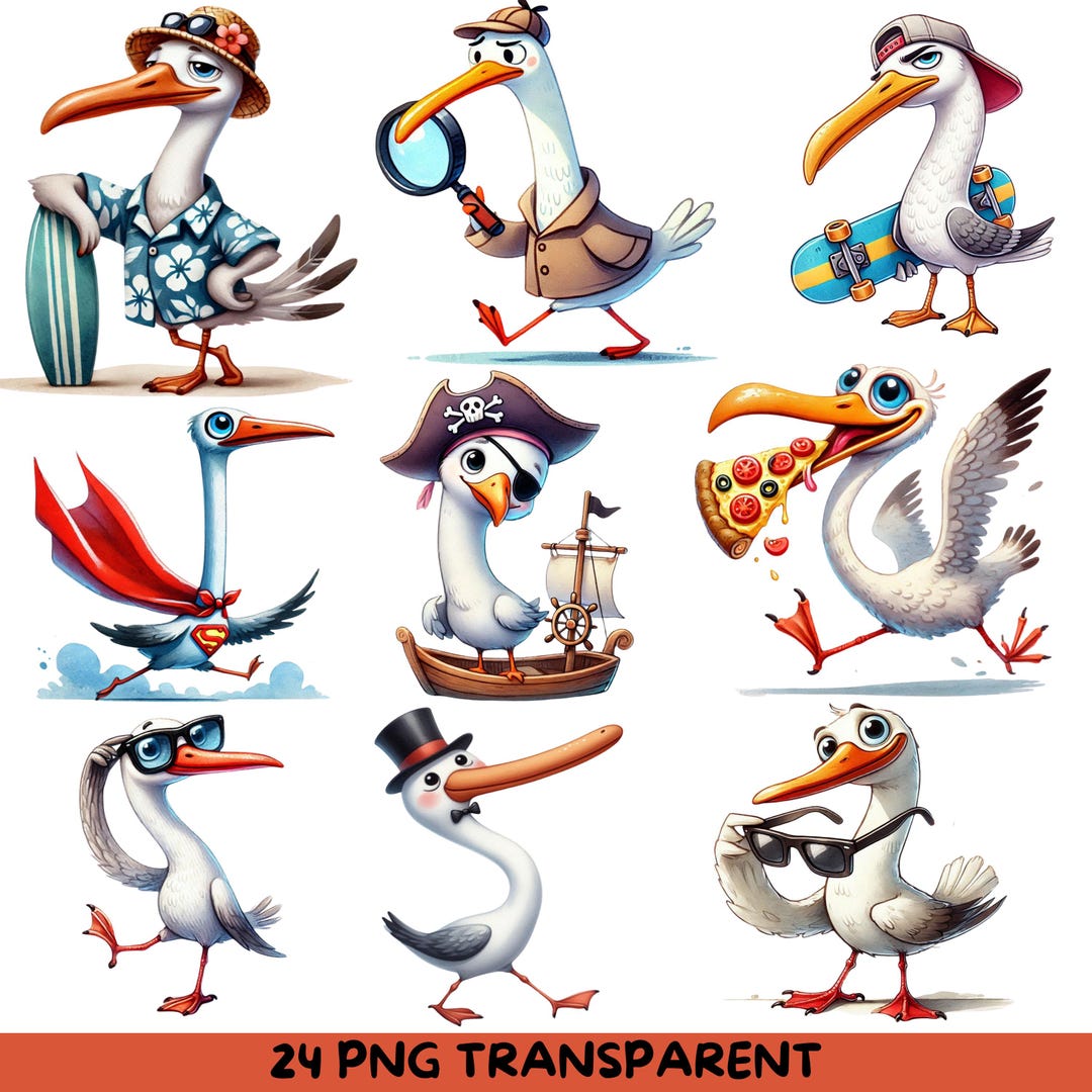 24 Watercolor Funny Long-neck Cartoon Seagull Pngs, 5000x5000 Pixels ...
