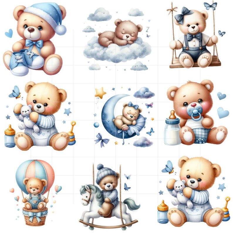 73 Watercolor Blue Teddy Bear Boy in Blue, Birthday Bear Clipart, Blue ...