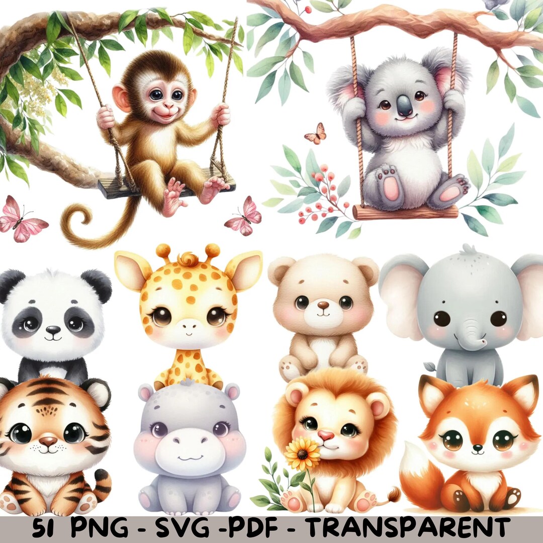 51 Watercolor Cute Safari Animal Clipart - Jungle Animals Png - Nursery ...