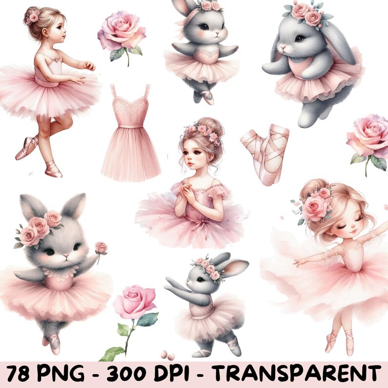 Watercolor Ballerina Clipart: Pink Tutu Dancers & Bunny (PNG Digital ...