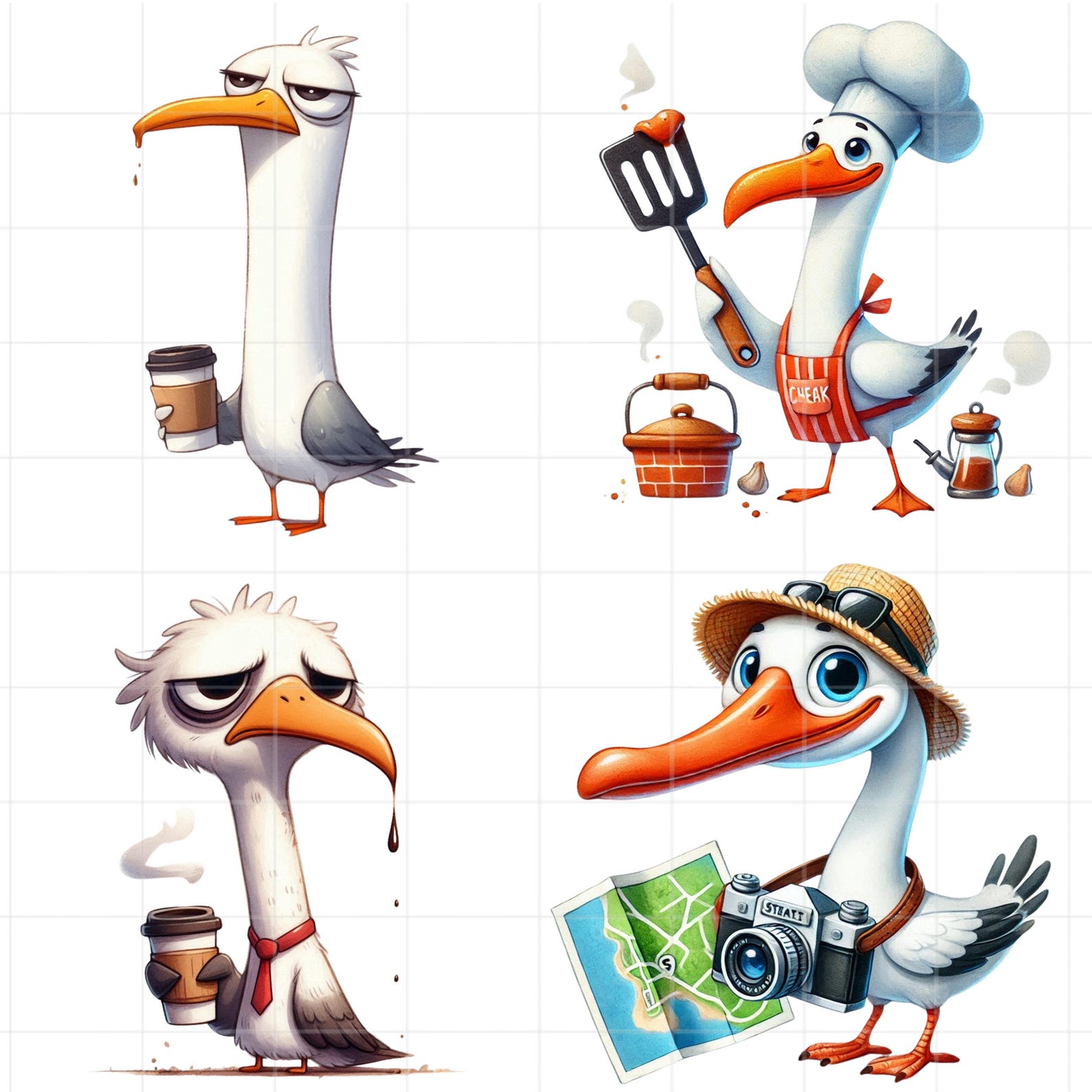 24 Watercolor Funny Long-neck Cartoon Seagull Pngs, 5000x5000 Pixels ...
