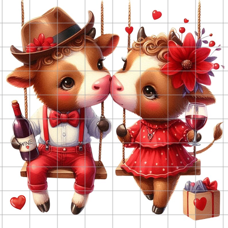 24 Watercolor Cow Couple Valentine’s Day Transparent Background ...