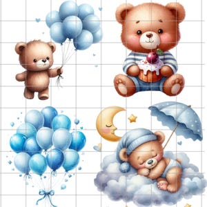 36 Watercolor Blue Teddy Bear Boy in Blue, Birthday Bear Clipart, Blue ...