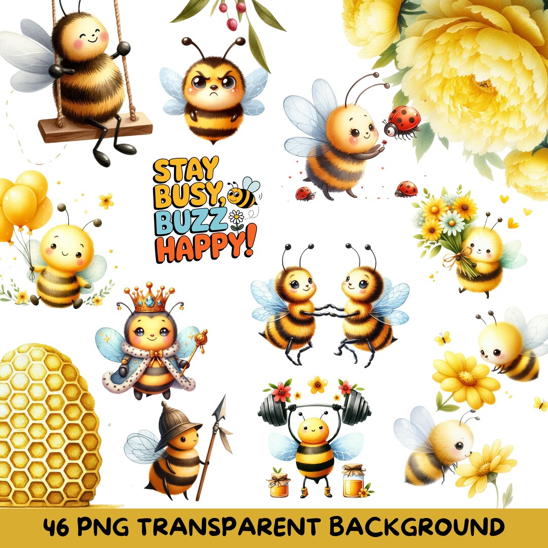 46 Watercolor Bee Clipart, Transparent Background, Bee PNG for Crafts ...
