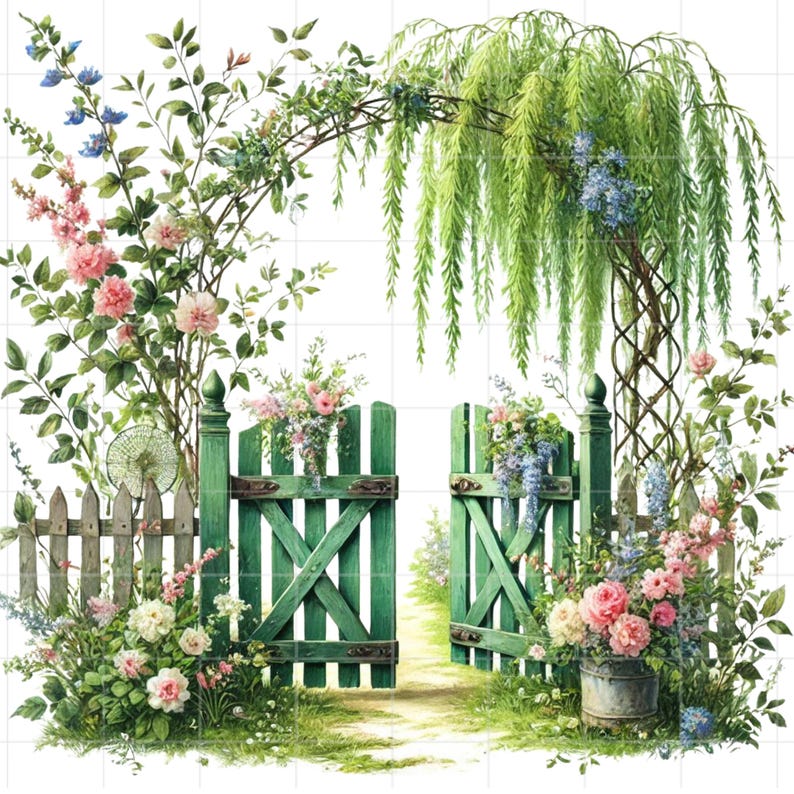 14 Watercolor Spring Flowers Gate, Digital Download PNG, Transparent ...
