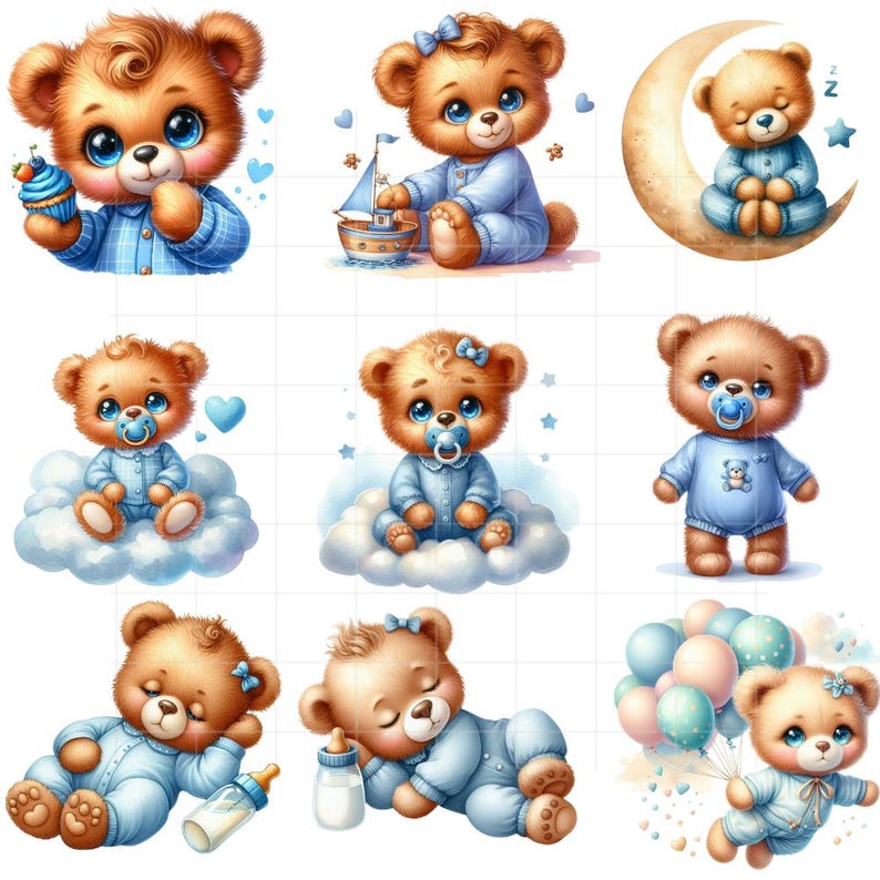 73 Watercolor Blue Teddy Bear Boy in Blue, Birthday Bear Clipart, Blue ...
