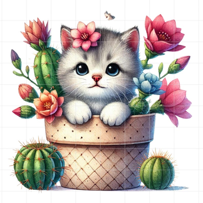 16 Watercolor Cactus With Kitten, Transparent Background, Png Files ...