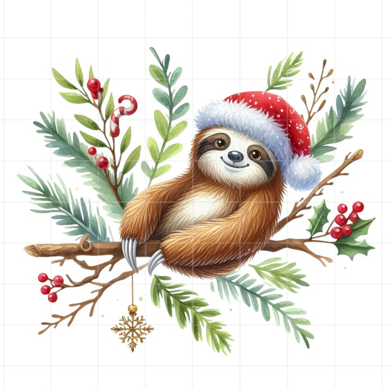 14 Watercolor Christmas Sloth Clipart | Cute Sloth on Branch ...