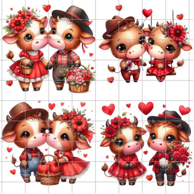 24 Watercolor Cow Couple Valentine’s Day Transparent Background ...
