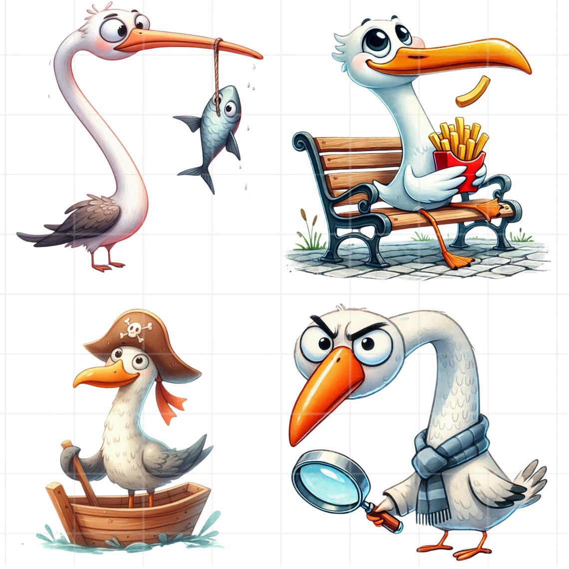 24 Watercolor Funny Long-neck Cartoon Seagull Pngs, 5000x5000 Pixels ...