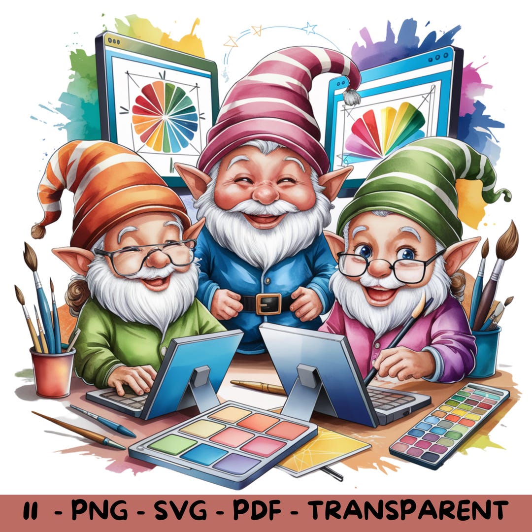 11 Watercolor Gnomes Clipart | 11 Gnomes Working on Computer ...