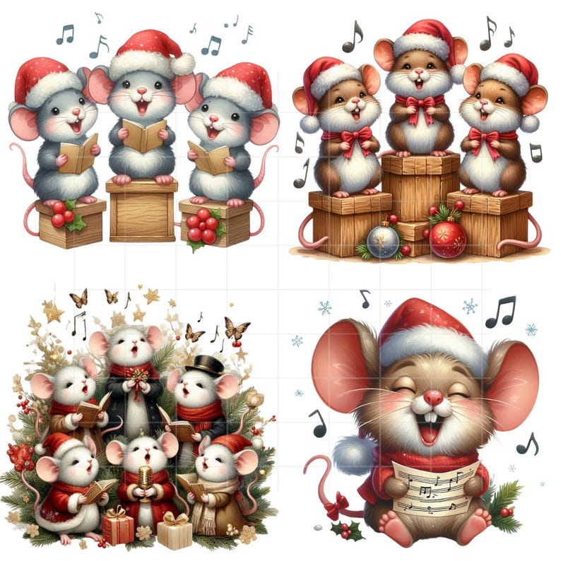 42 Watercolor Christmas Carol Mice PNG, Cute Holiday Singing Mouse ...