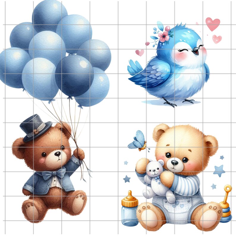 36 Watercolor Blue Teddy Bear Boy in Blue, Birthday Bear Clipart, Blue ...