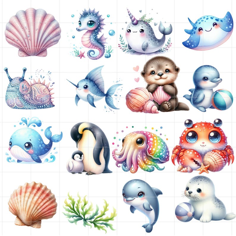 118 Watercolor Ocean Animals Clipart | Sea Creatures PNG, SVG, PDF ...