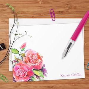 Pink Roses Set of 8 CUSTOM Personalized Flat Note Cards/ Stationery - Etsy