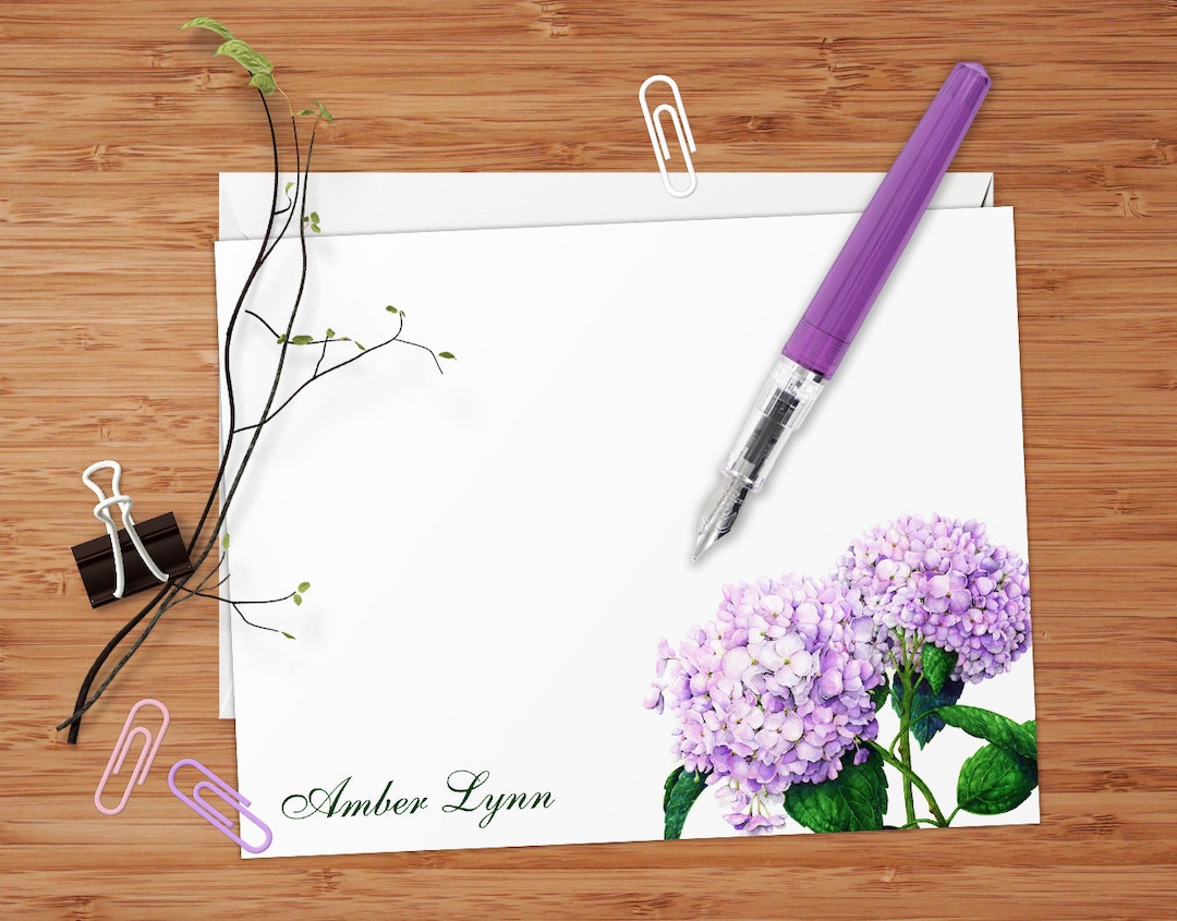 Hydrangeas - Set of 8 CUSTOM Personalized Flat Note Cards/ Stationery ...