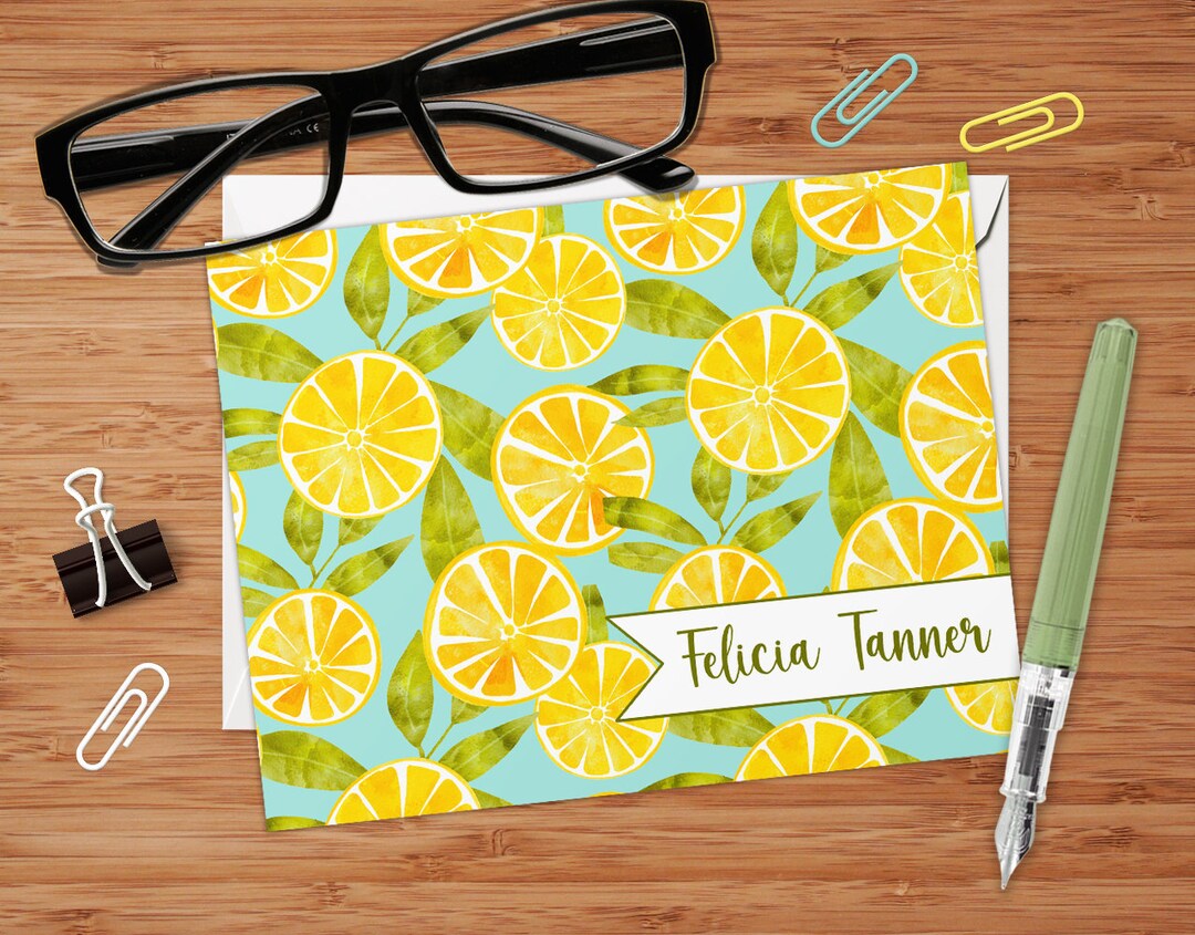 Fresh Lemons - Set of 8 CUSTOM Personalized Flat Note Cards/ Stationery ...