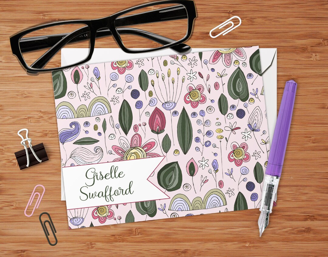 Pink Flower Doodles Set of 8 CUSTOM Personalized Flat Note - Etsy