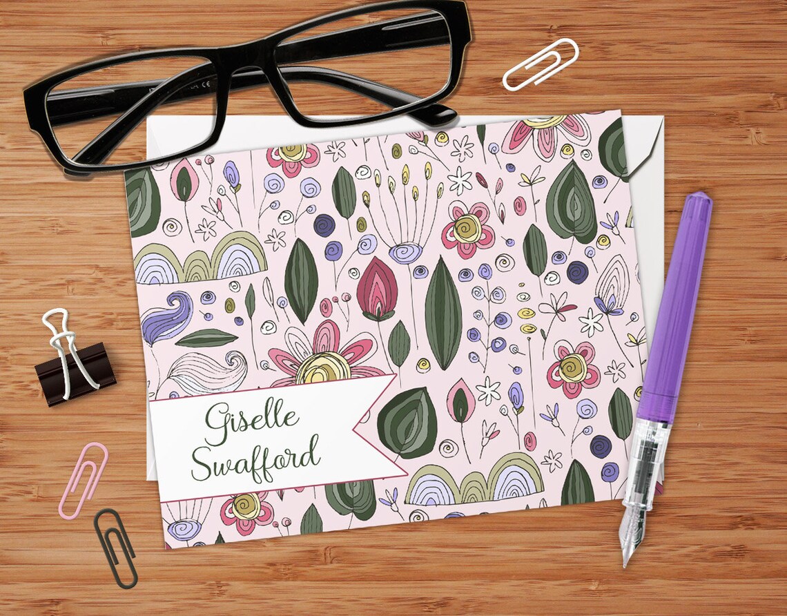 Pink Flower Doodles Set of 8 CUSTOM Personalized Flat Note | Etsy