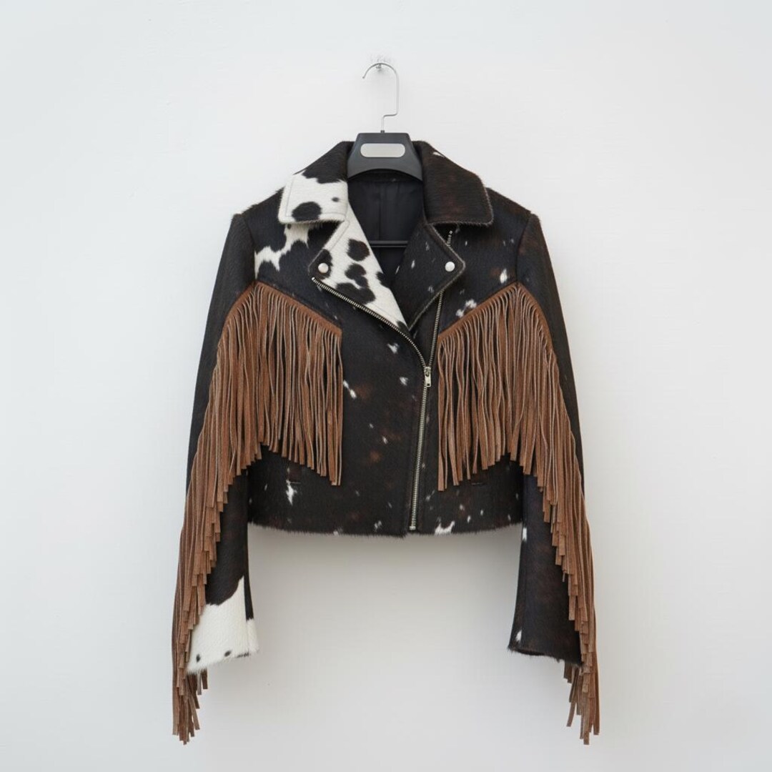 Handmade Cow Print Leather Fringe Jacket: Western Biker Coat - Etsy