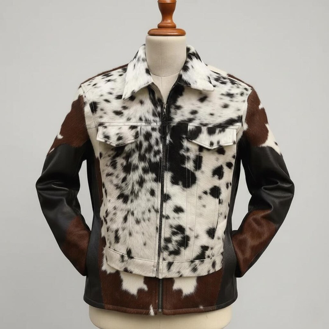 Handmade Tricolor Cowhide Leather Biker Jacket: Hair-on Hide, Black ...