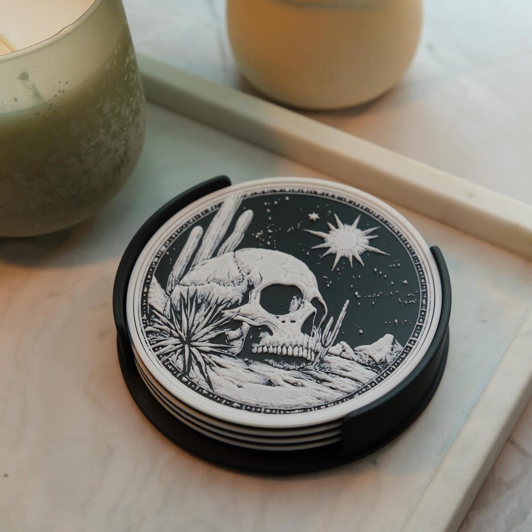 Desert Skull Art Coasters - 4 Pack and Holder - Noir Black & White ...