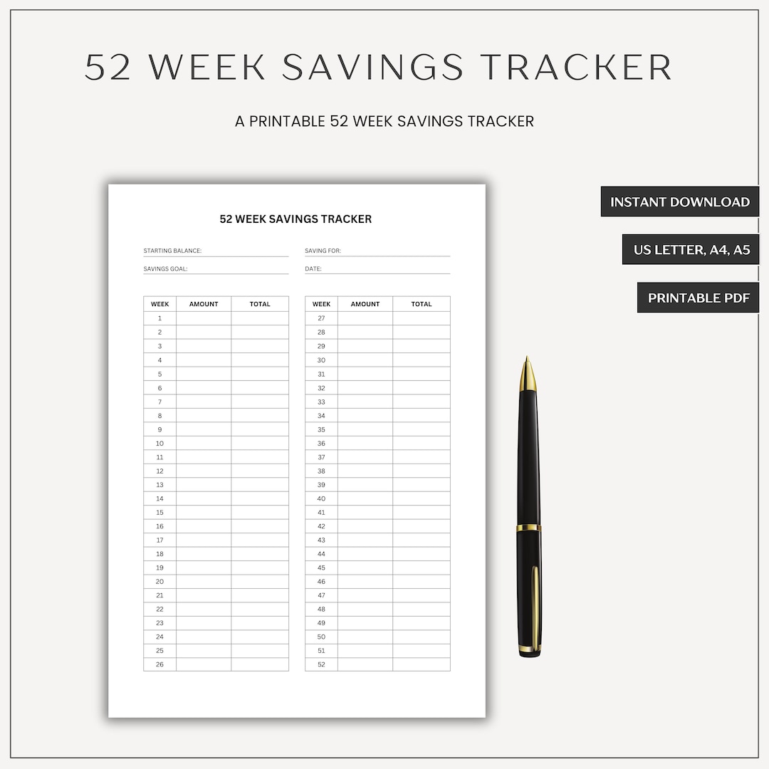 52-week Savings Tracker Printable | Budget Planner | Financial Goal ...