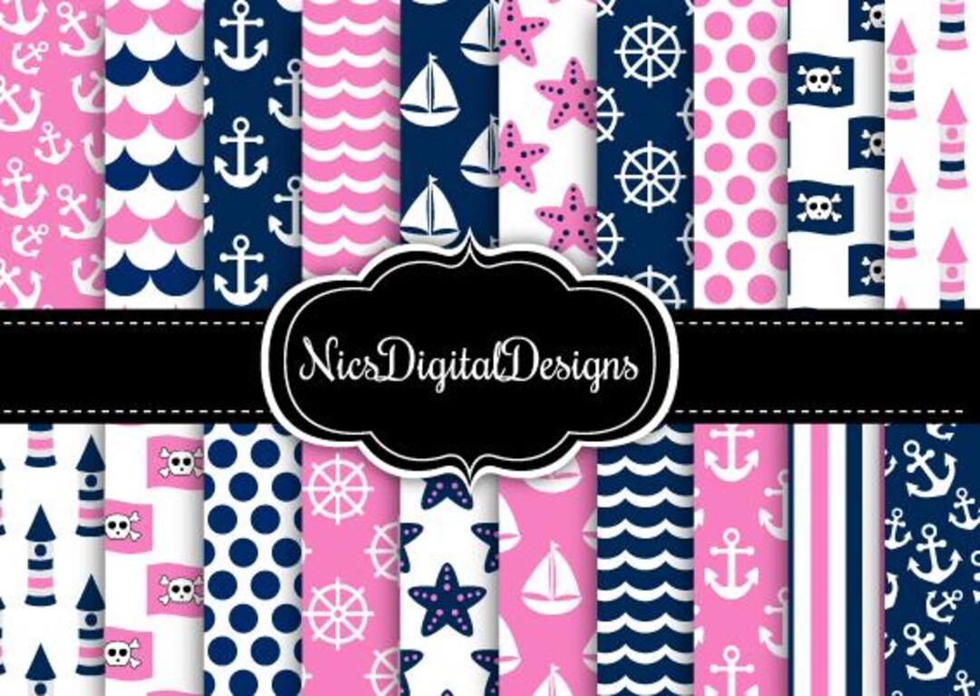Pink and Navy Nautical Digital Papers: Anchor, Ship Patterns (digital ...